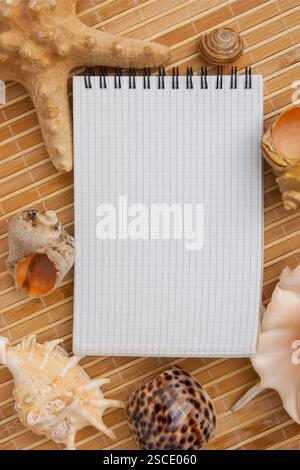 Blank writing book with summer beach accessories on background, copy ...