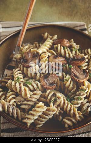 Fusilli pasta, in creamy mushroom sauce, pasta with mushrooms, homemade ...