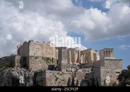 Acropolis under dramatic clouds from down in the city of Athens, Greece ...