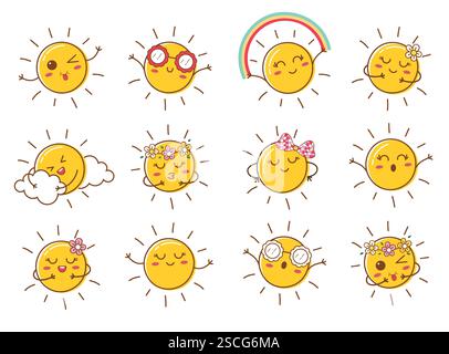 Sun cheerful faces drawing clipart set. Yellow sun characters in happy ...