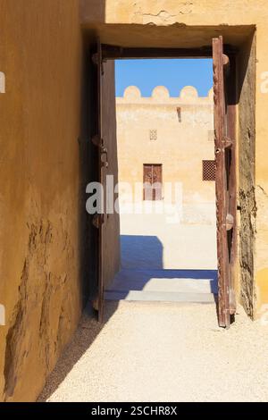 A traditional Arabian doorway at the 18th-century Riffa Fort in Riffa ...