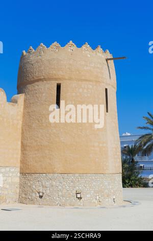 A round tower of the 18th-century Riffa Fort in Riffa, Bahrain Stock ...