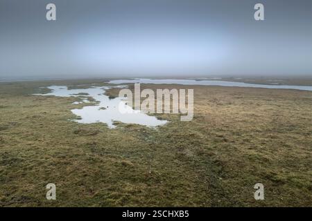 Mist fog over the disused RAF Davidstow Moor airfield on Bodmin Moor in ...