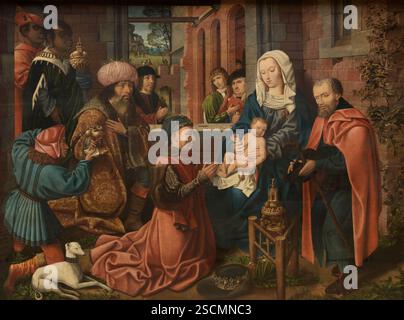The painting 'The Adoration of the Magi' by the Master of Frankfurt, circa 1493, depicts the ...