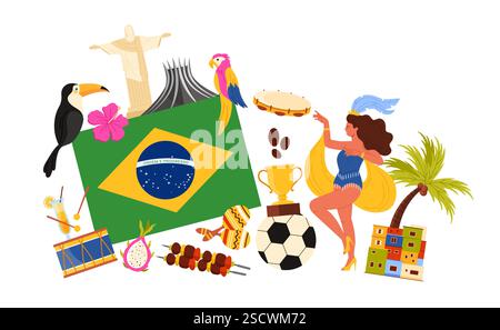 Travel to Brazil set, Brazilian ethnic culture and landmark, food and ...