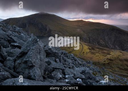 View of Marchlyn Mawr Reservoir and Carnedd y Filiast from Elidir Fawr ...