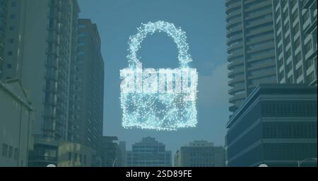 Image of padlock and shield icon over communication network and starry ...