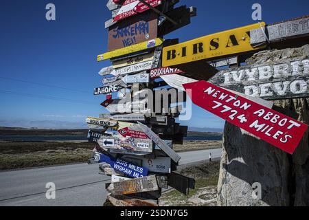 Totem with distance signs on a street in Stanley, Falkland Islands ...