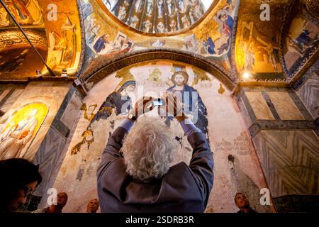 photographing a mosaic, Deesis, inner narthex, Monastery of St. Saviour ...