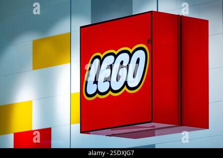 Lego store, square logo sign above the entrance, Lego manufactures Lego ...