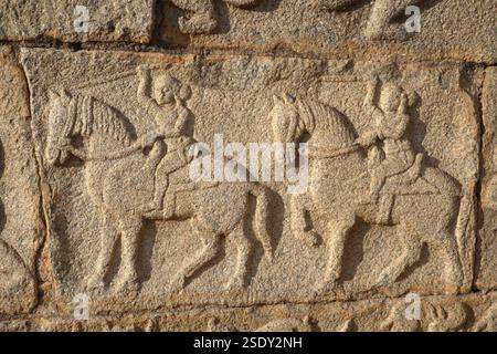 Statues carved wall Great platform Mahanavami dibba Hampi Vijayanagar ...