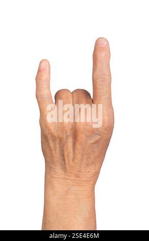 wrinkled hand showing rock music horn gesture, symbol of energy and ...