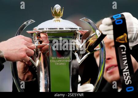 Ribbons are attached to the Six Nations Championship Trophy ahead of ...