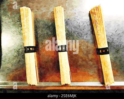 Three packets of raw noodles on the kitchen counter Stock Photo - Alamy