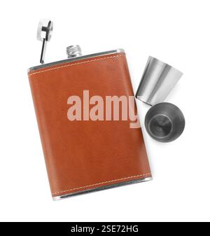 Hip flask and cups isolated on white Stock Photo - Alamy