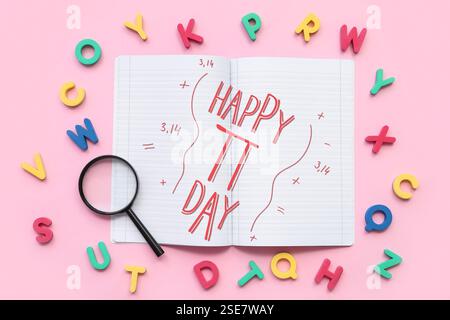 Notebook with text HAPPY PI DAY and stationery on wooden background ...