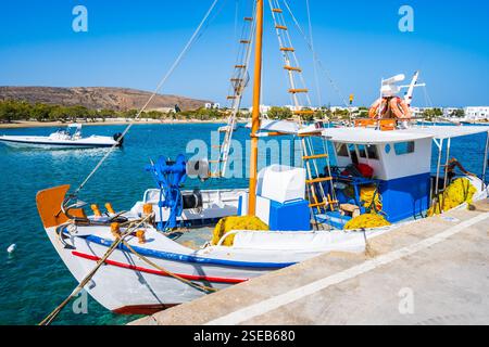 Fishing boat in Pollonia port, Milos island, Cyclades, Greece Stock ...