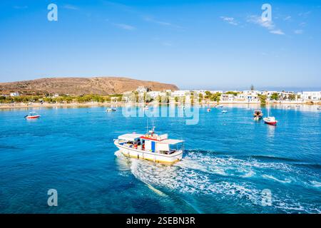 View of boat on sea and Pollonia port houses from deck ferry from ...