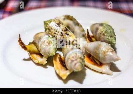 Steamed cone shells, a popular local seafood delicacy, served at a ...