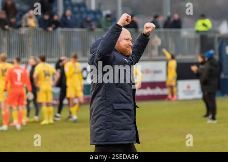 Andy Whing, manager of Barrow celebrates victory with Sam Foley of ...