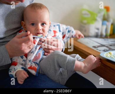 the first complementary feeding of a six-month-old baby with vegetable ...