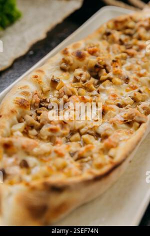 Turkish pide with diced chicken, cheese, and vegetables on plate in ...