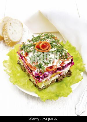 Puff salad with beef, potatoes and beets, pears, Korean spicy carrots ...