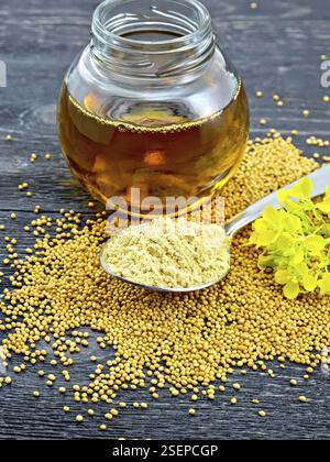 Mustard oil and seed on table with copy space Stock Photo - Alamy