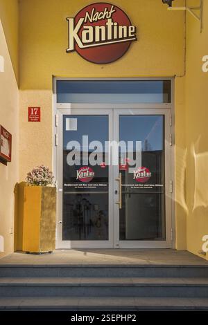 Entrance to the night canteen with Pfanni logo imitation in the ...