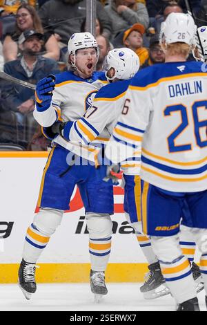 Buffalo Sabres defenseman Bowen Byram (4) celebrates his goal during a ...