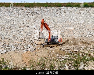 Large digging excavator machine works to move dirt in wooded area Stock ...