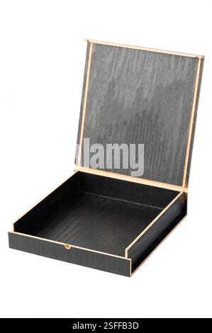 Open wooden box crate perspective view isolated on white studio ...