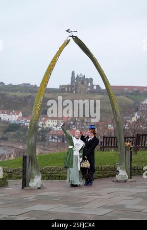 Steampunks take a picture under the Whitby Whalebone Arch during the ...