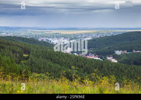 Rural Russian landscape with Belokurikha town on a background. Summer ...