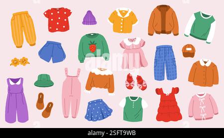 Vector set of cartoon clothes. Dresses, shirts and pants. outline Stock ...