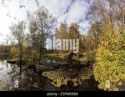 Fish pond with granite rocks in the Blockheide nature park Park near ...