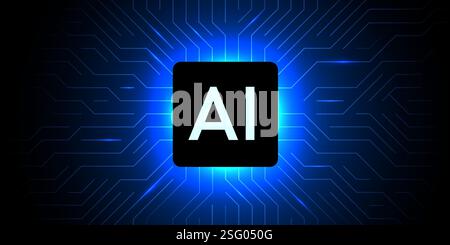 Brightly glowing AI chip on circuit board. Technology background. CPU processor on tech bg ...