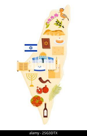 Jewish culture elements and famous landmarks, flag and map of Israel ...