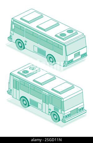Isometric school bus. Rear back view. Vector illustration. Outline ...