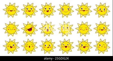 Sun happy face clipart set. Sunshine emoticon characters in cute yellow ...