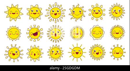 Sun face outline clipart set. Happy emoticon sunshine drawing clip art ...
