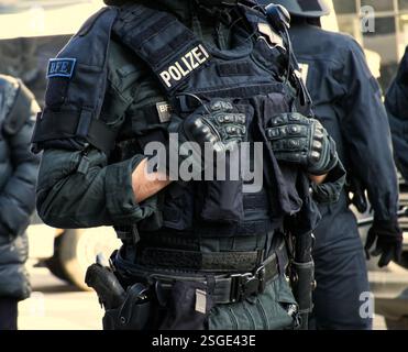 Hanover, Germany, February 8, 2025: German police officers wearing ...