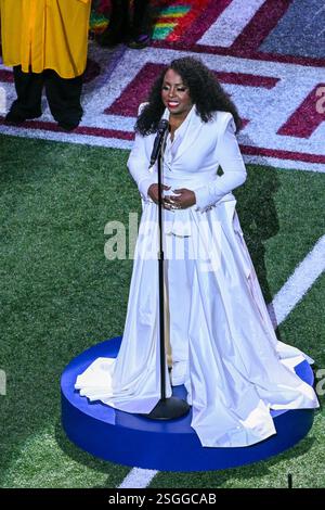 Ledisi singing "Lift Every Voice and Sing" on the field ahead of Super ...