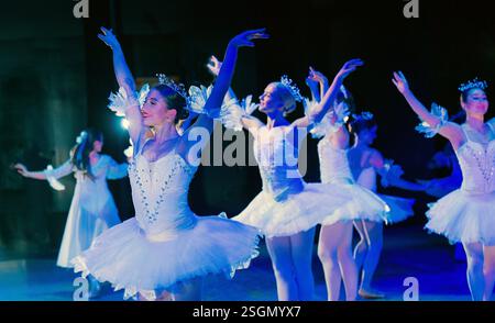 Ballet dancers in white tutus perform gracefully on a stage with blue ...