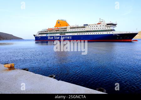 Blue Star Ferries ship The Patmos arriving at Livadia harbour, Tilos ...