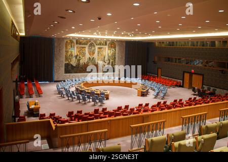 The Security Council Chamber mural in the headquarters of the United ...