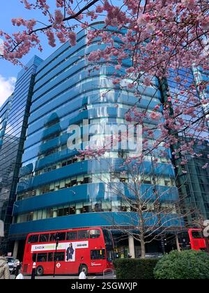 Teal shiny building with spring blooms Stock Photo - Alamy