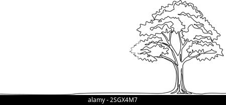 continuous single line drawing of broadleaf tree isolated on white ...
