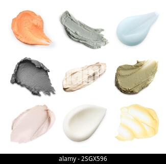 Samples of different creams isolated on white, top view Stock Photo - Alamy