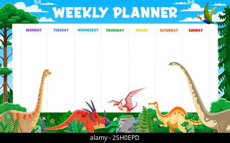 Weekly planner schedule with cartoon prehistoric dinosaurs and reptiles ...